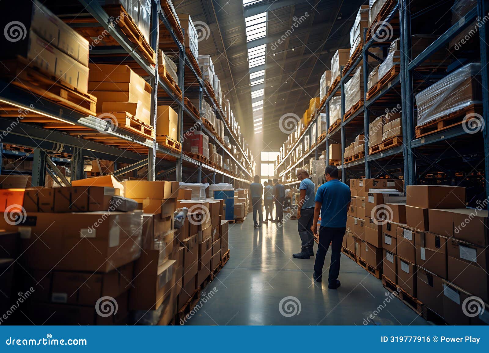 Side View of Warehouse Workers Walking through Aisle in Warehouse. this ...