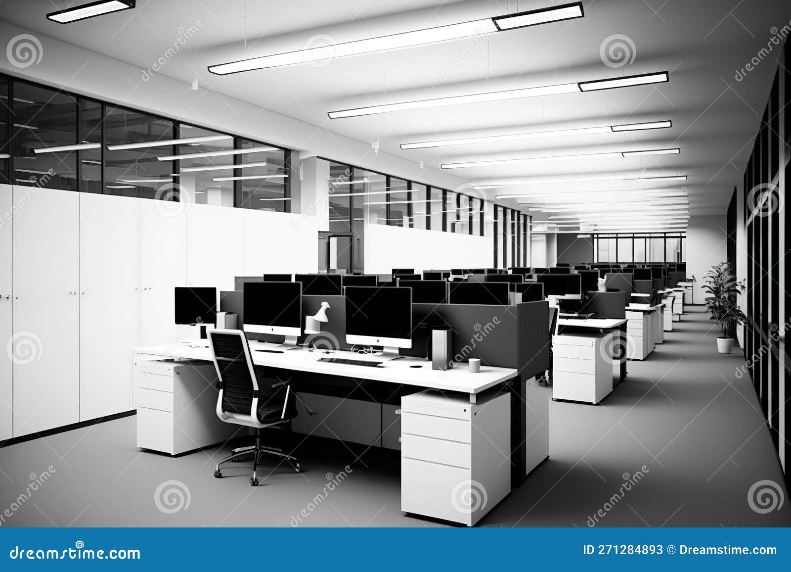 Side View of White and Black Open Space Office Interior with Rows of ...