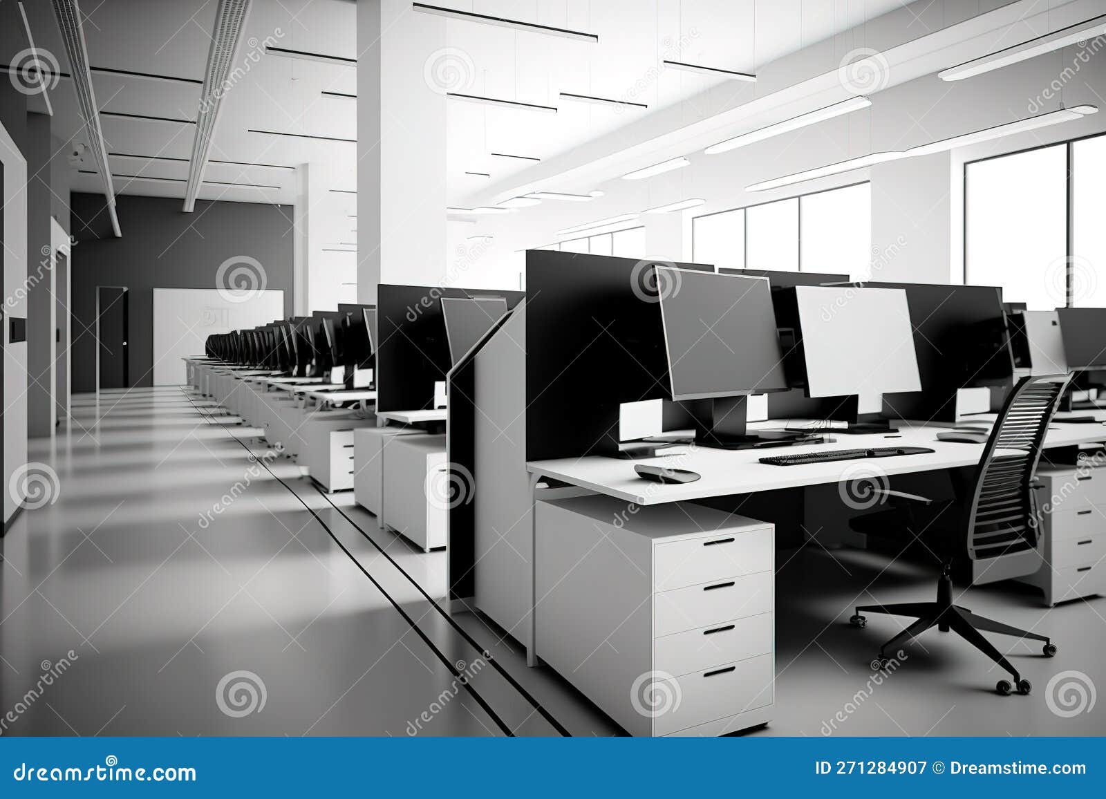 Side View of White and Black Open Space Office Interior with Rows of ...