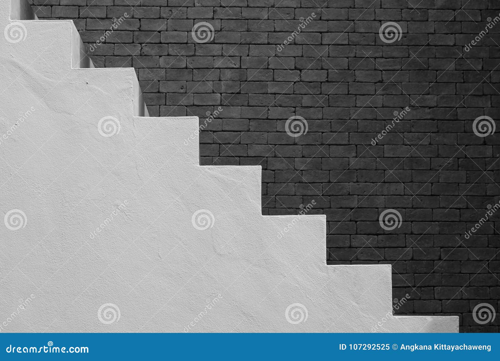 Side View of White Empty Stairs with Brown Brick Wall Background in ...
