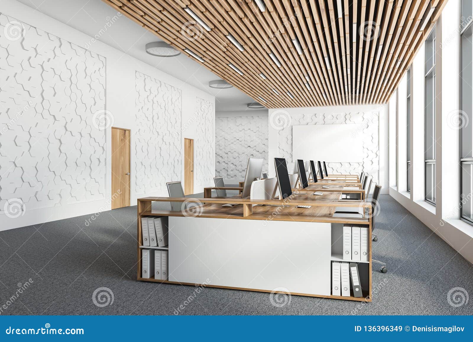 Side View of White Hexagon Pattern Office Stock Image - Image of ...