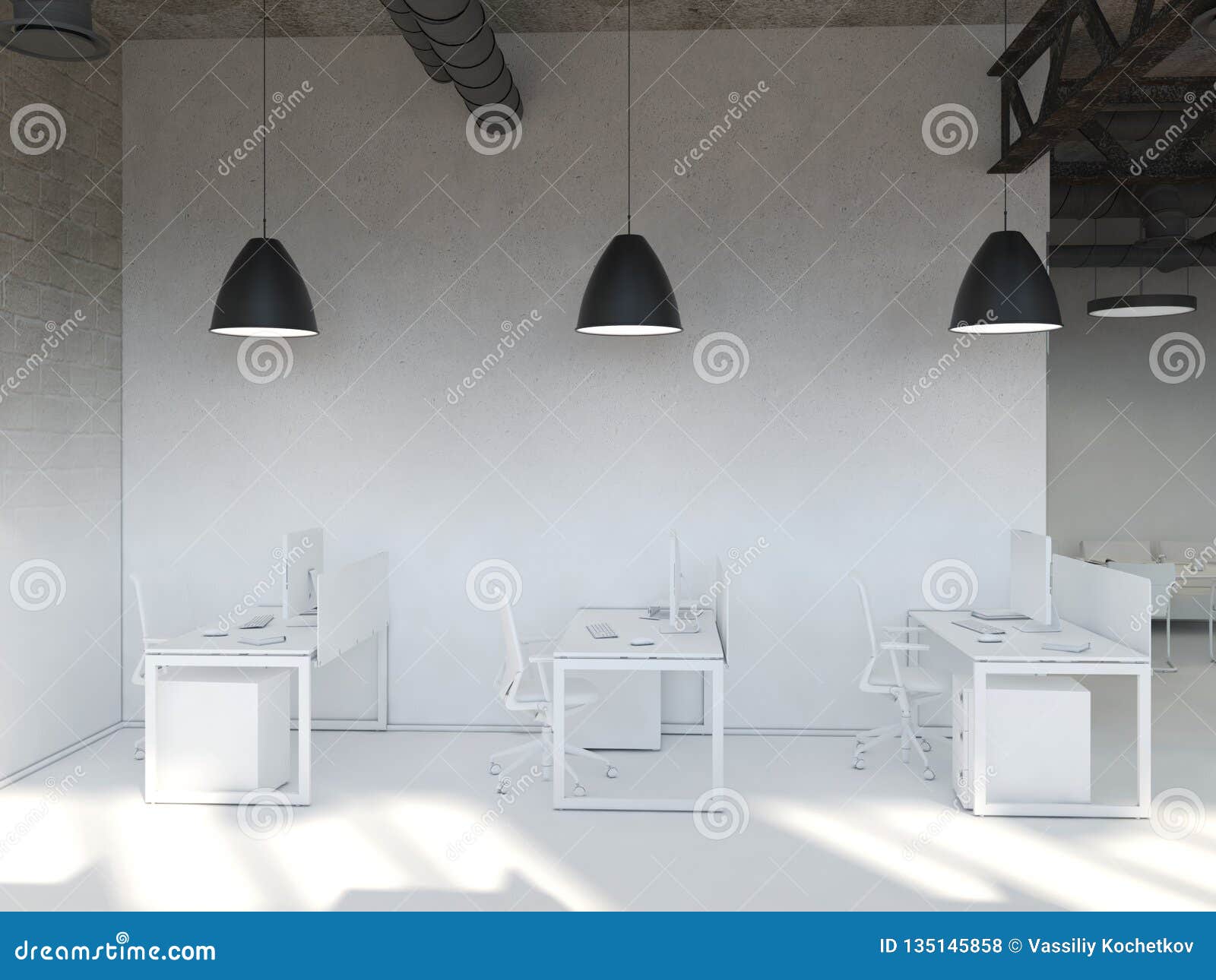 Side View of a White Office of a Company with a Two Large Table, Two ...