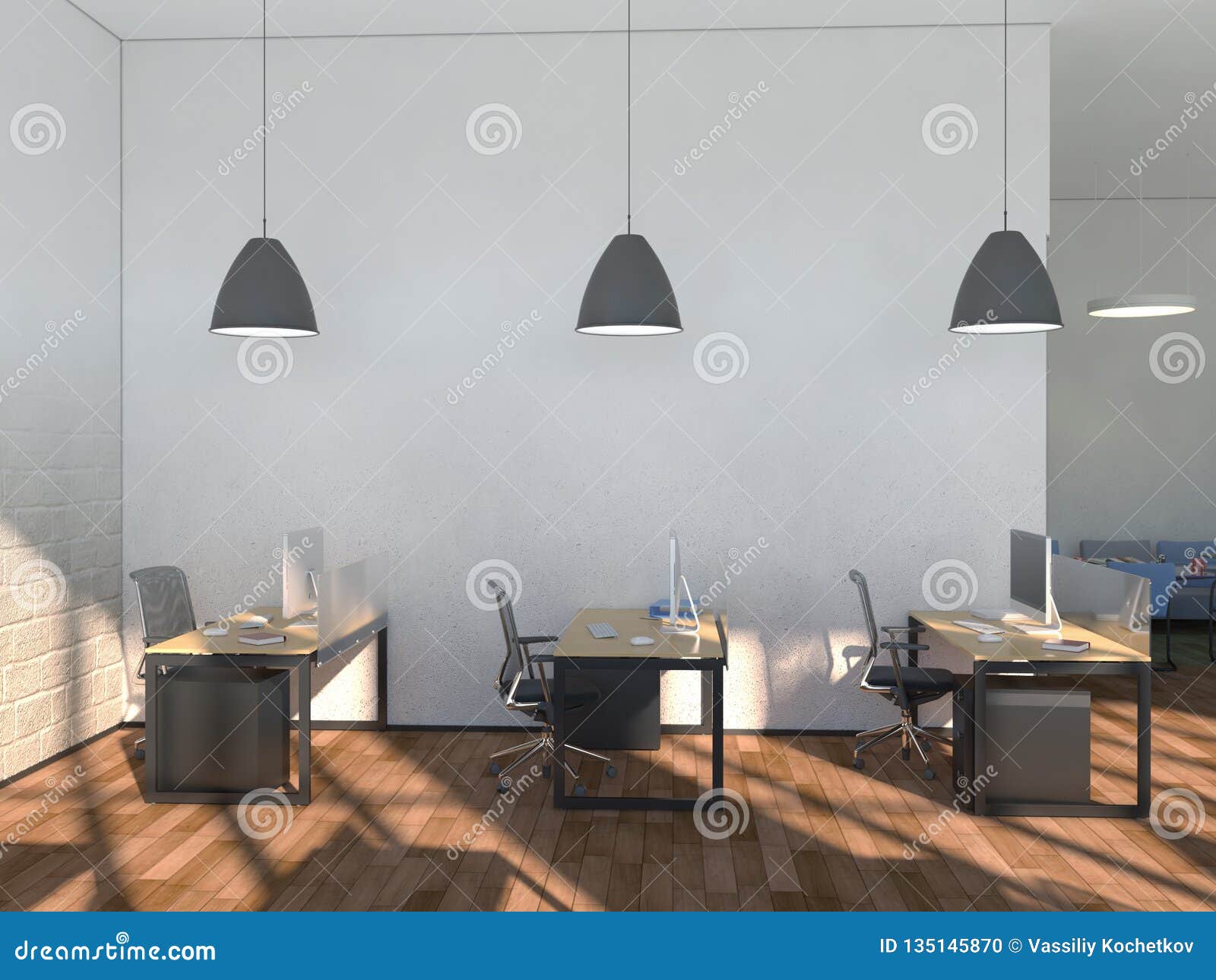 Side View of a White Office of a Company with a Two Large Table, Two ...