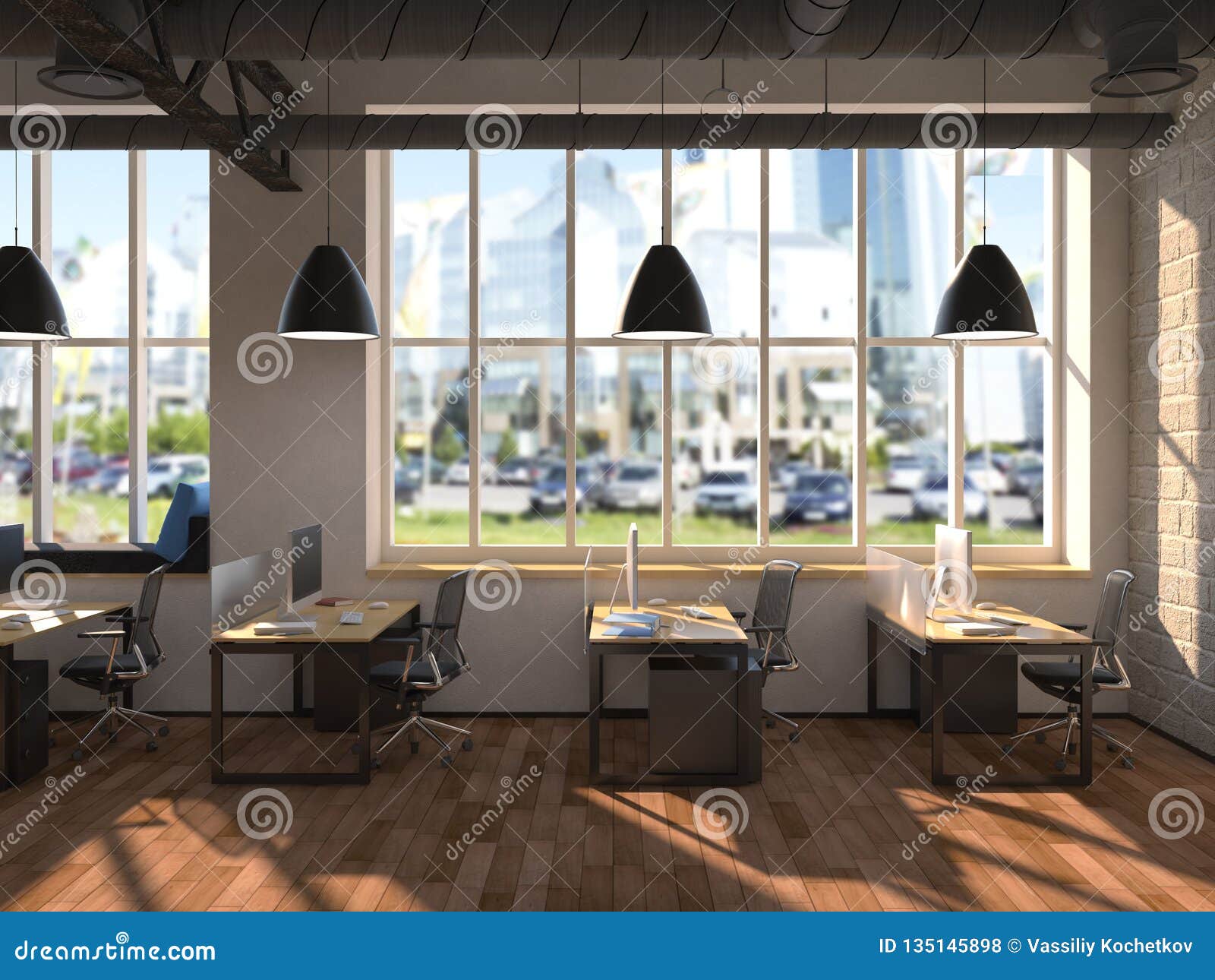 Side View of a White Office of a Company with a Two Large Table, Two ...