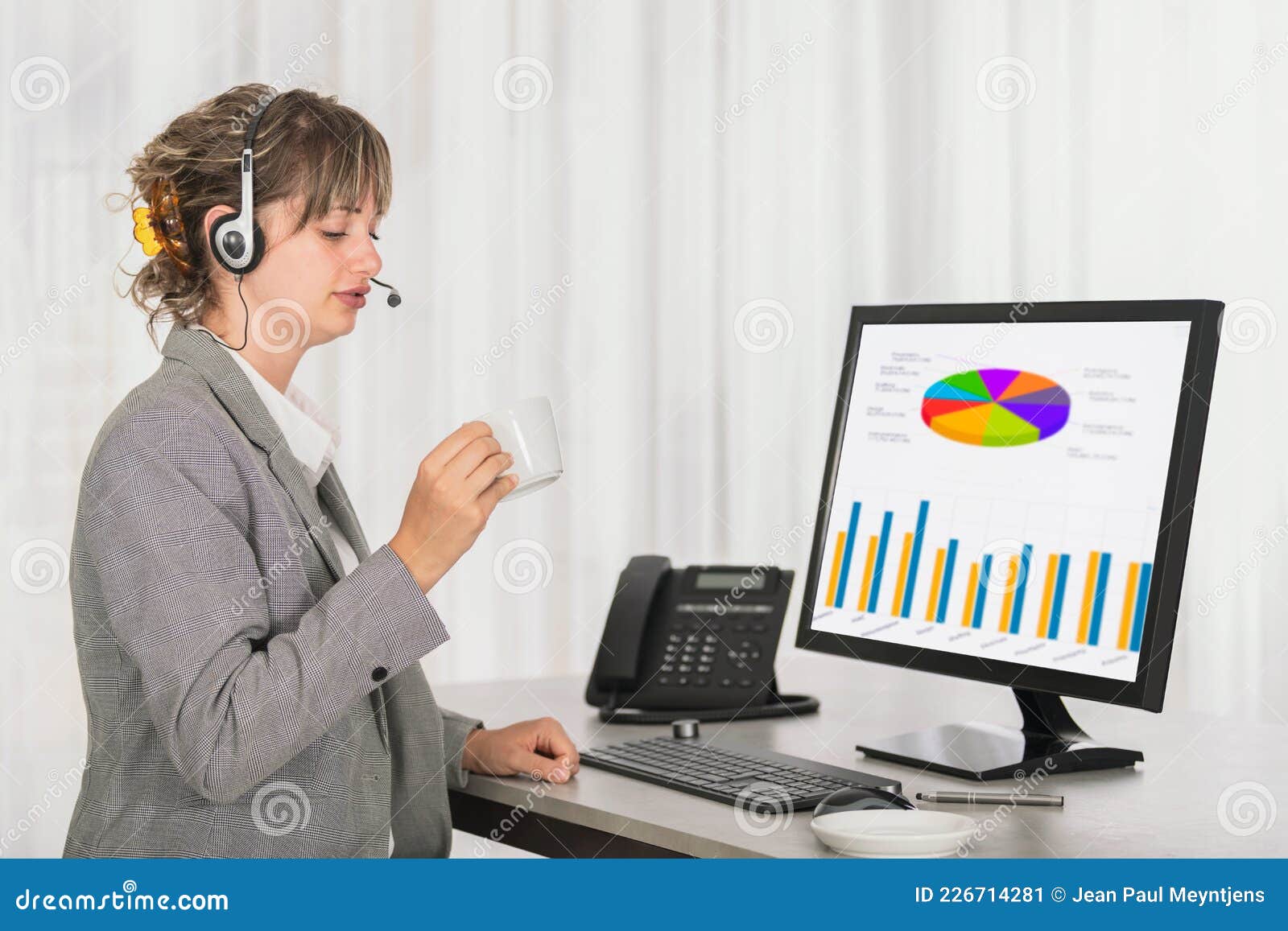 Side View of Woman Customer Support Call Operator in Office with ...