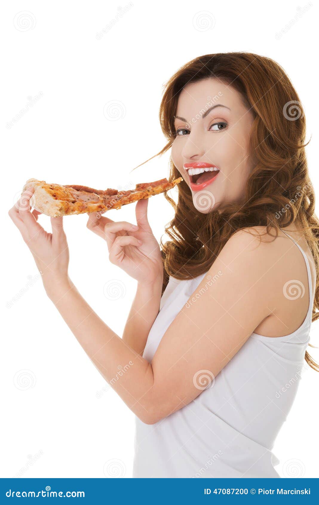 Side View of a Woman Eating Pizza Stock Photo - Image of healthy ...