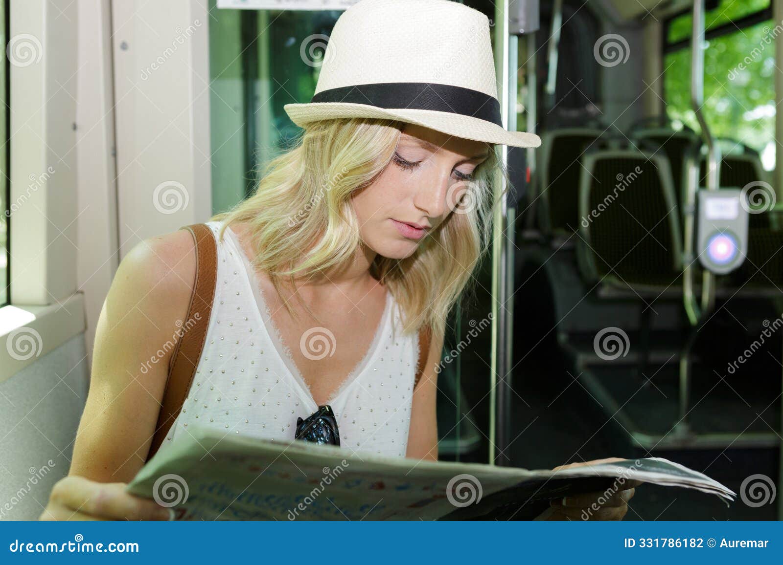 Side View Woman with Newspaper in Hands Stock Photo - Image of ...