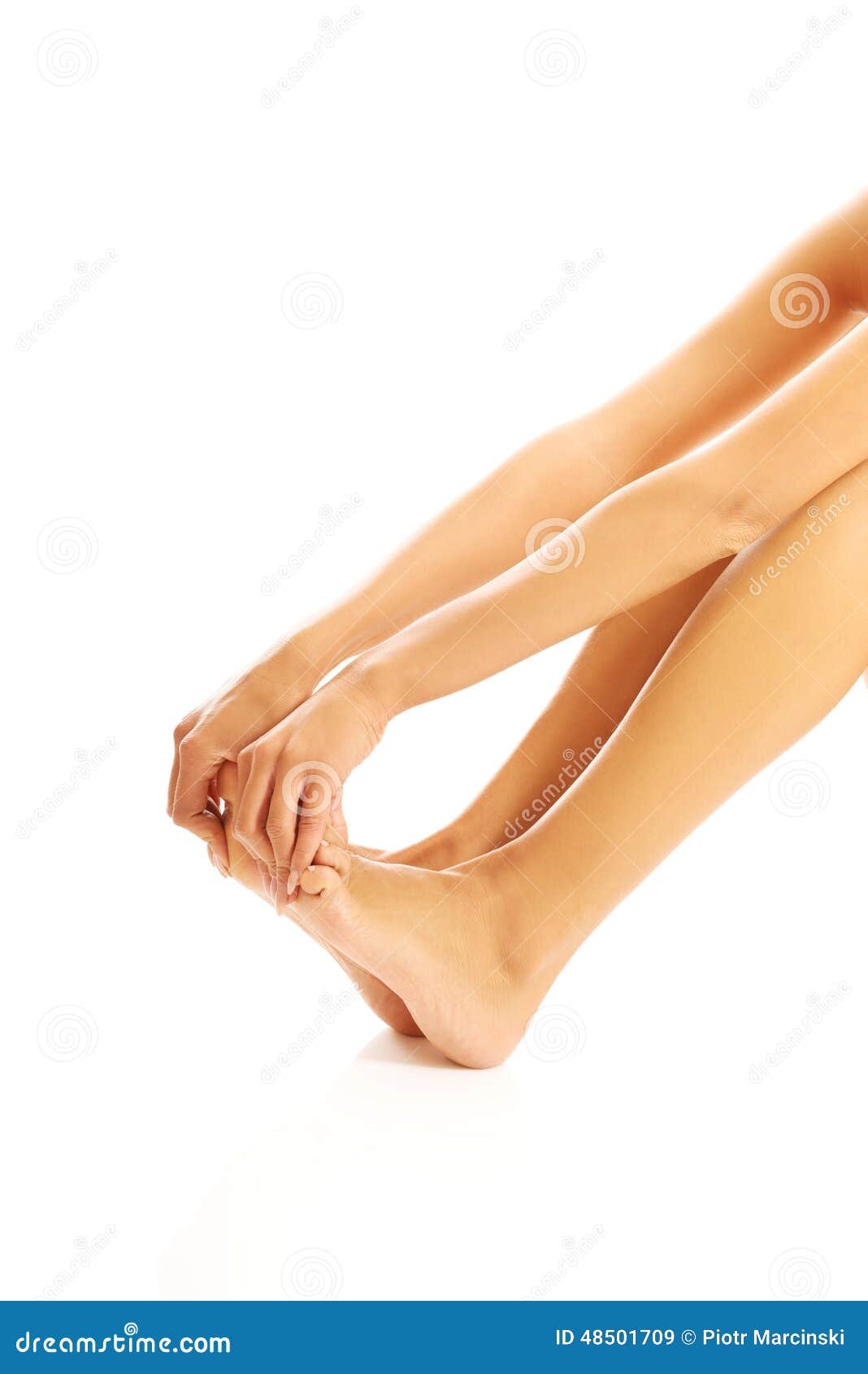 Side View of Woman S Feet Touching by a Hand. Stock Image - Image of ...