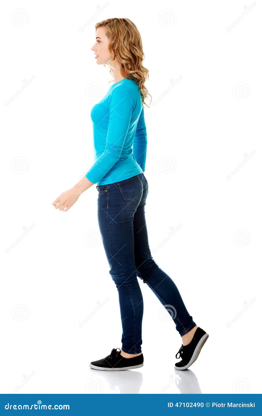 Side View of a Woman Walking Slowly Stock Photo - Image of adult ...