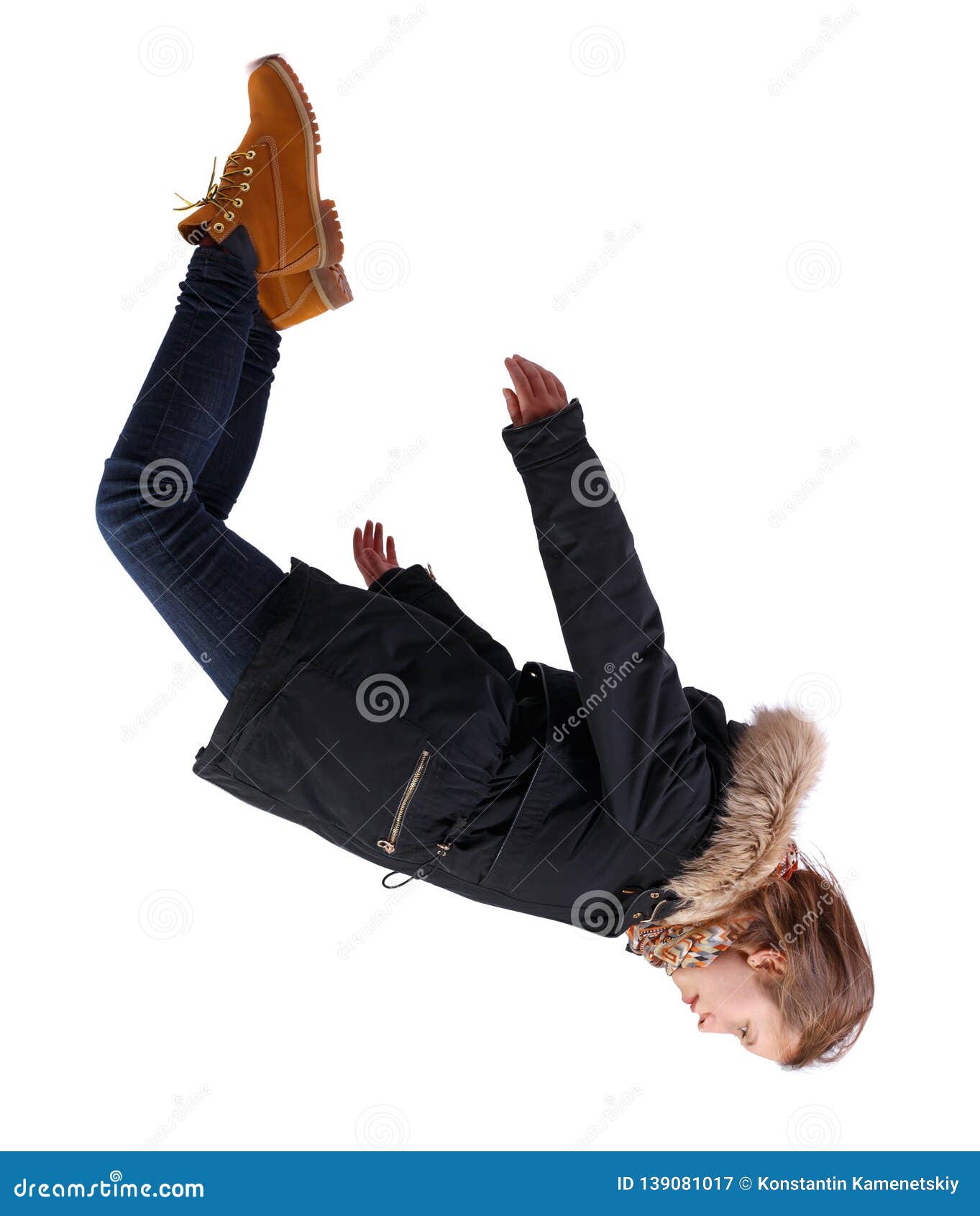 Side View of Woman in Winter Jacket in Zero Gravity or a Fall Stock ...