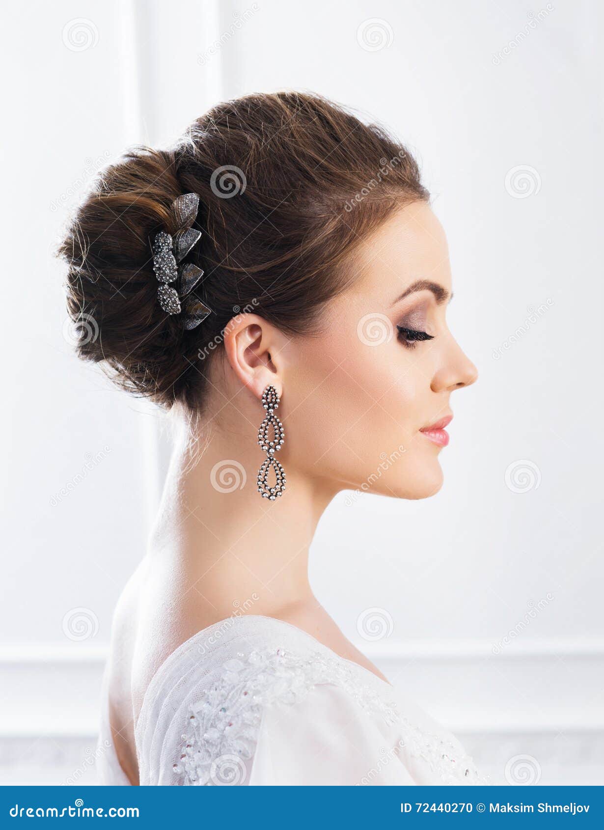 Side View of Young and Beautiful Bride in White Dress Stock Photo ...