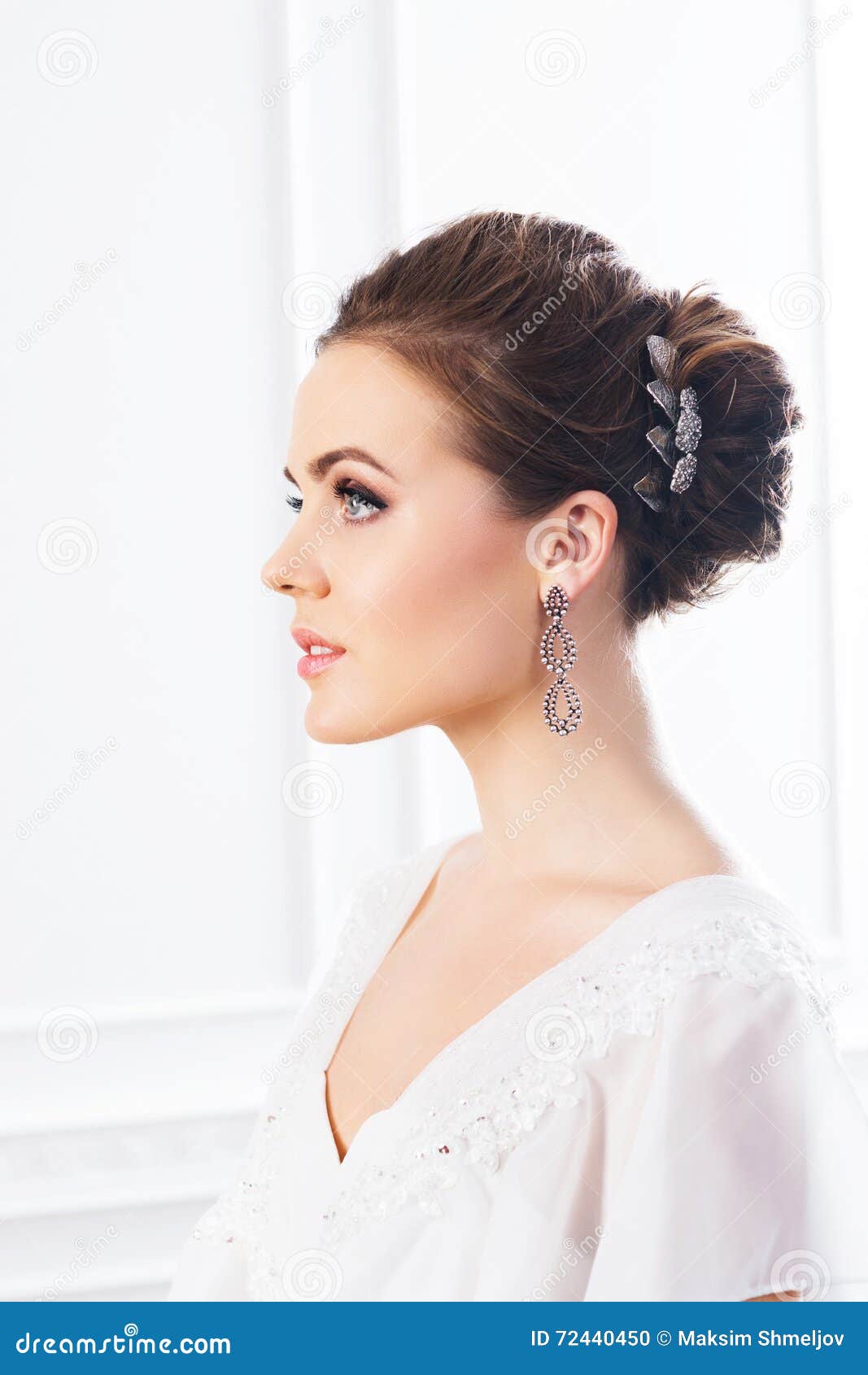 Side View of Young and Beautiful Bride in White Dress Stock Photo ...