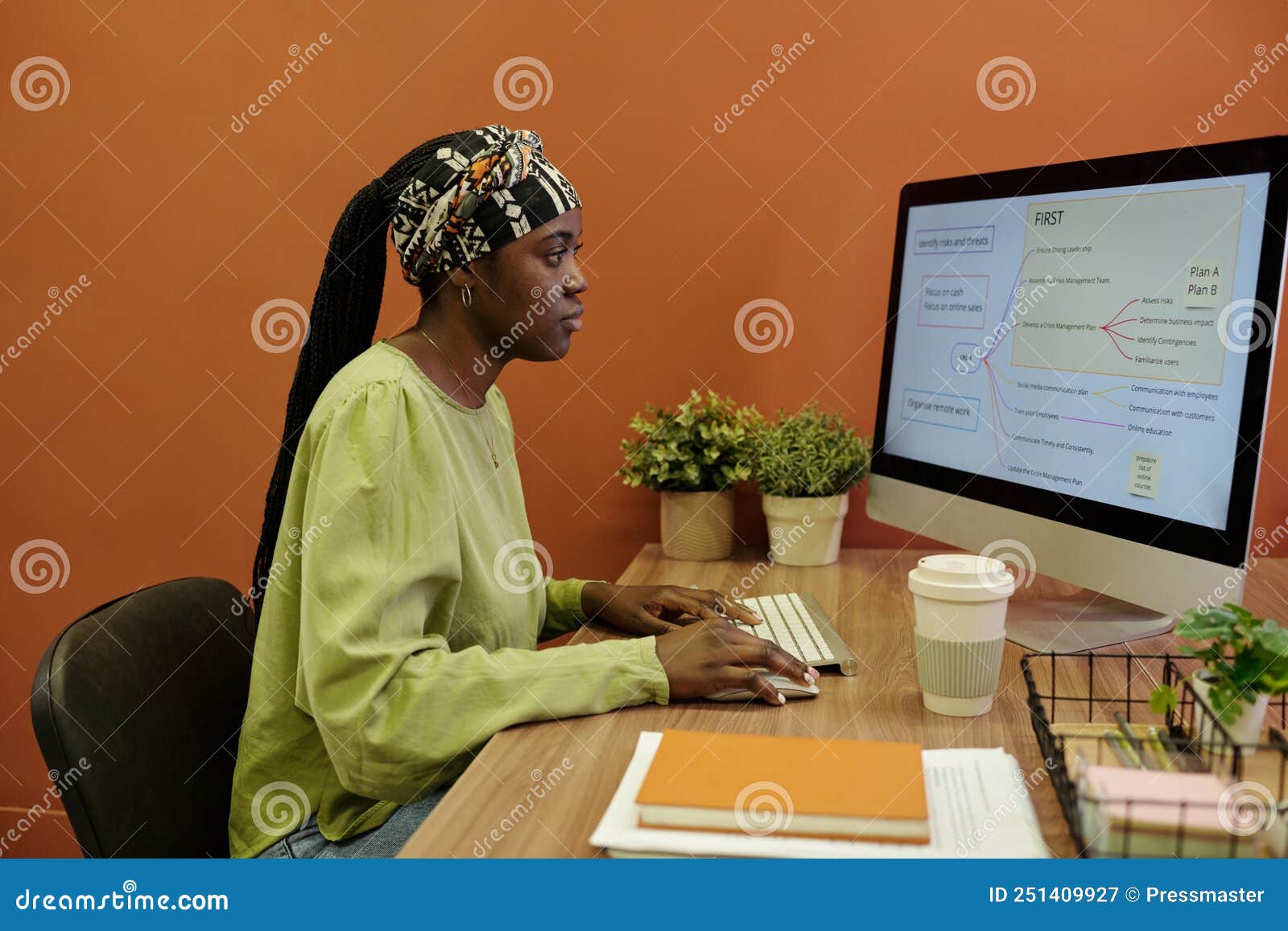 Side View of Young Black Woman Sitting in Front of Computer Monitor ...