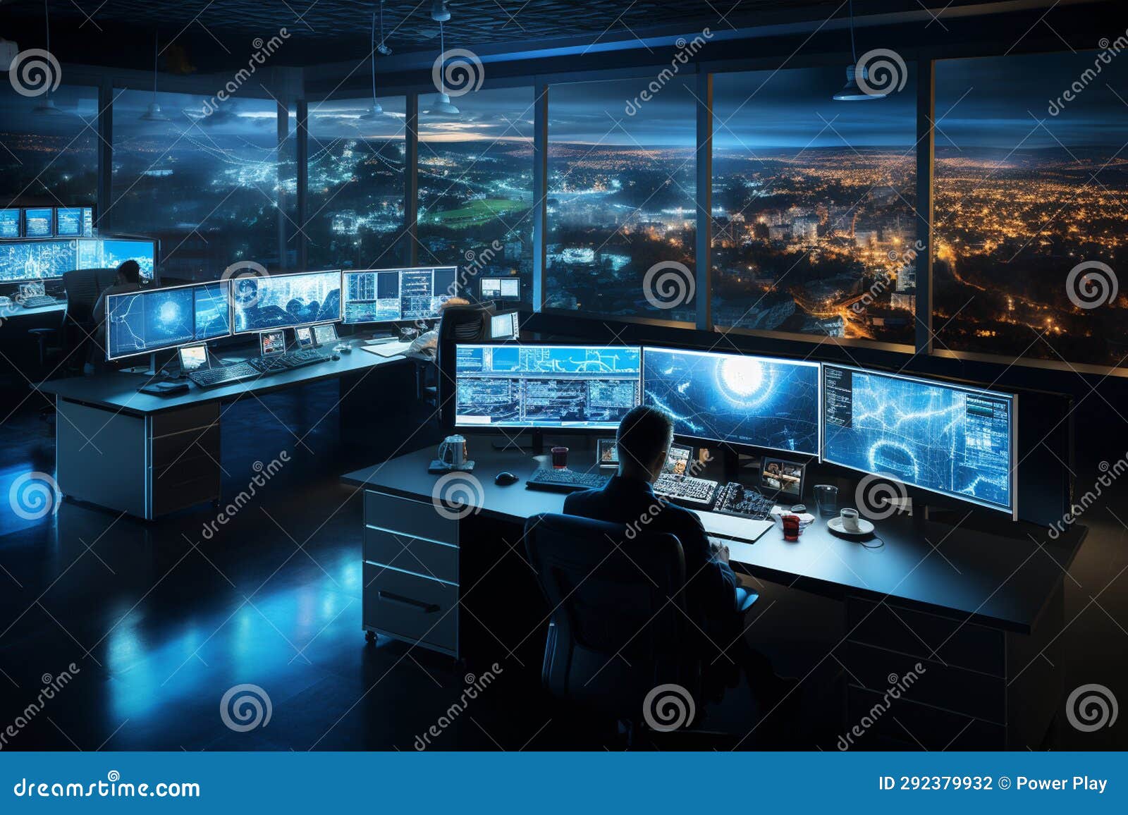 Side View of Young Businessman Working on Computer in Dark Office at ...