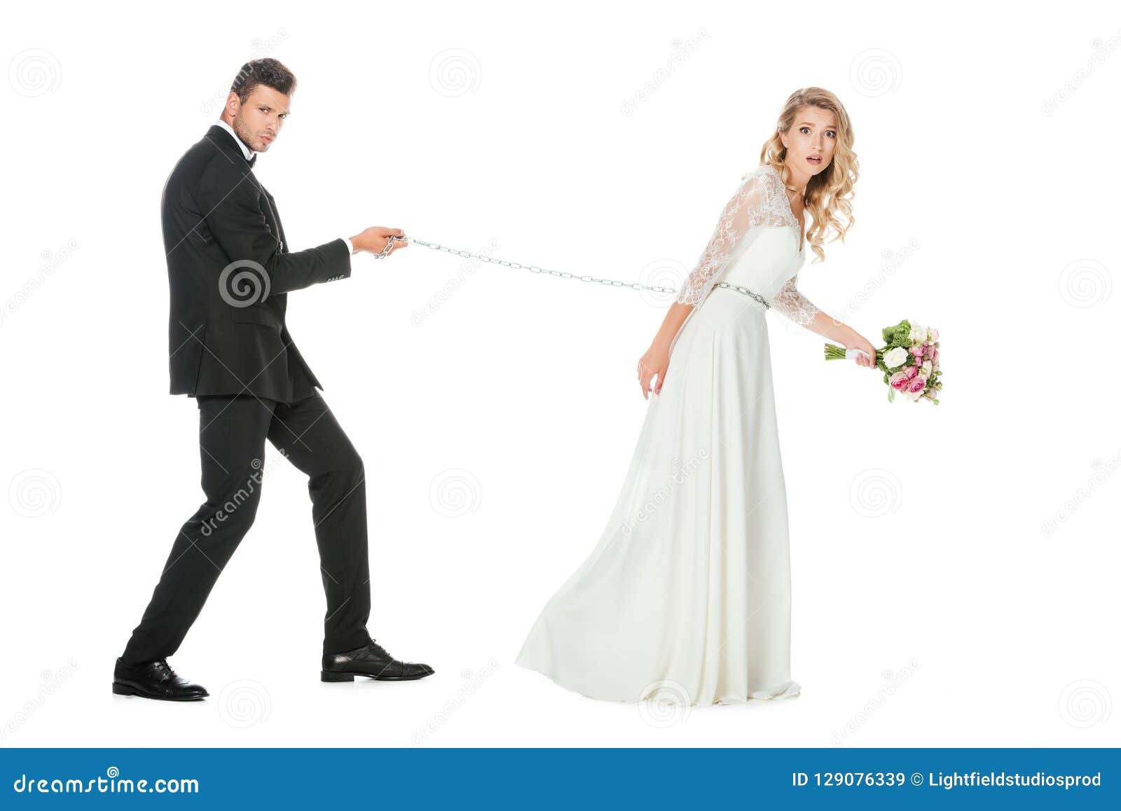 Shocked Bride Woman In White Wedding Dress Pointing Index Finger Aside ...