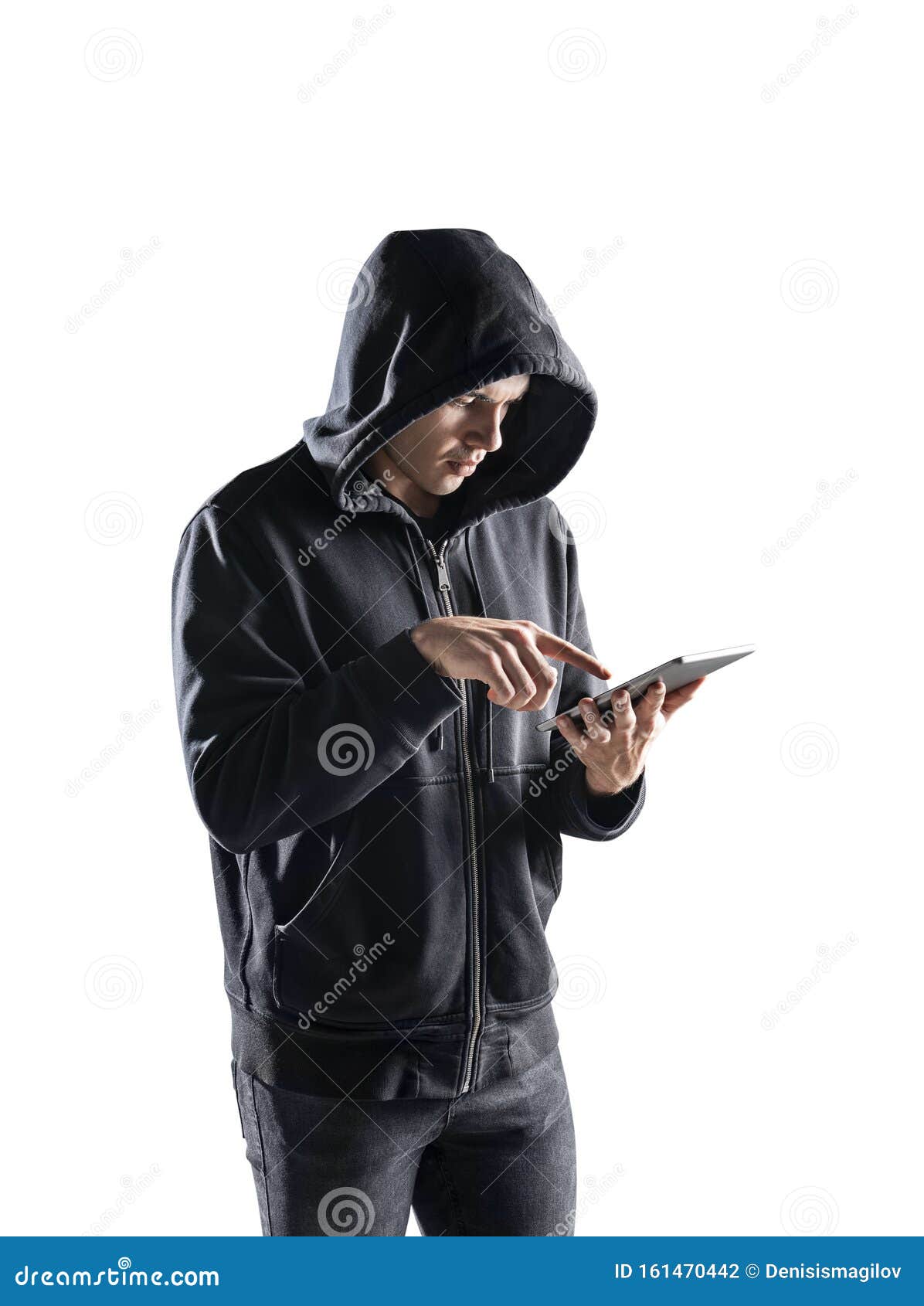 Side View of Young Hacker Using Tablet Stock Photo - Image of crime ...