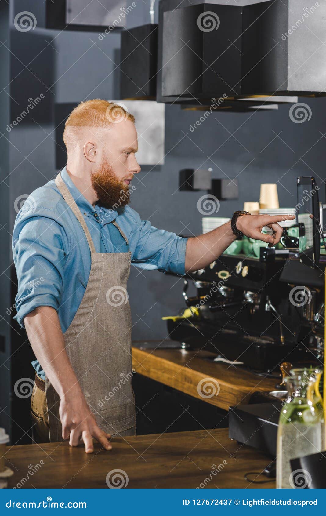 Side View of Young Male Barista Taking Order on Digital Stock Image ...