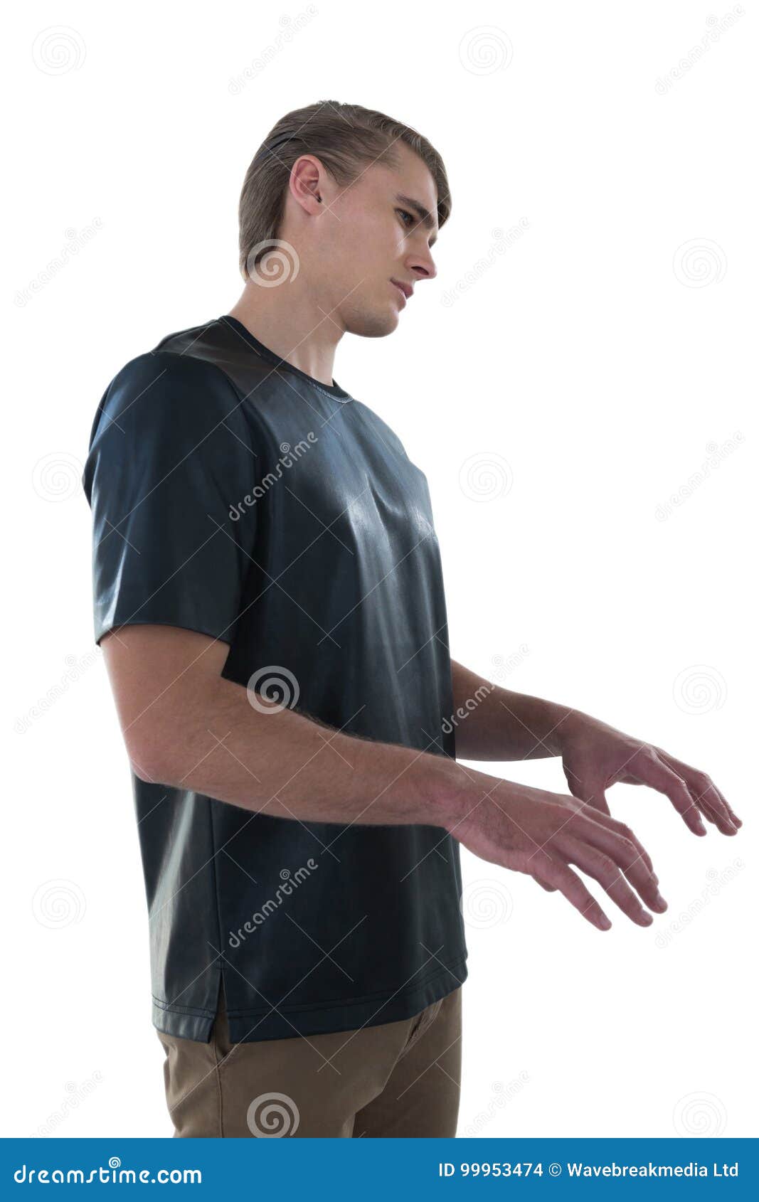 Side View of Young Man Gesturing Against White Background Stock Photo ...