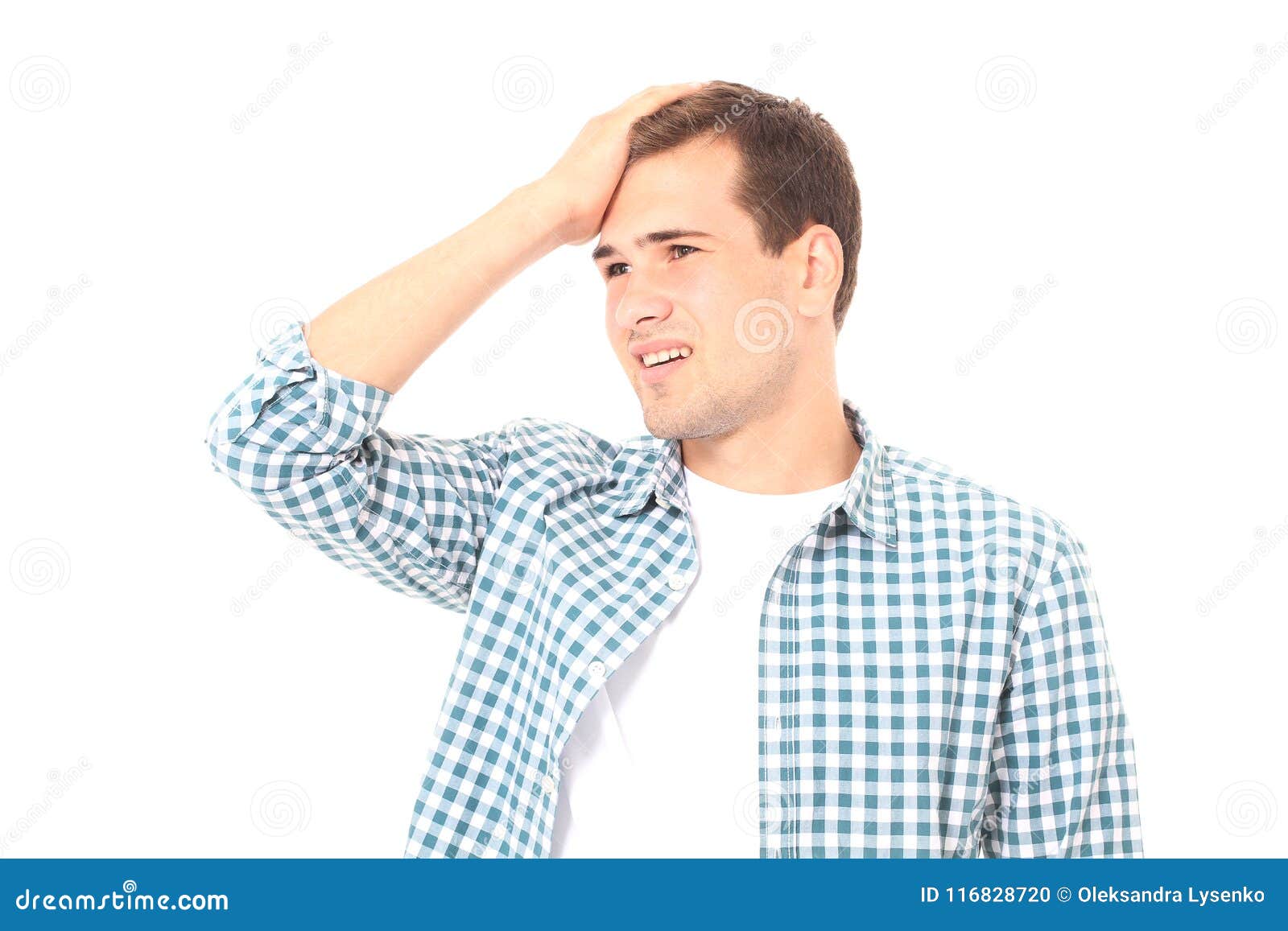 Side View of Young Man with Headache Touching Forehead on White ...