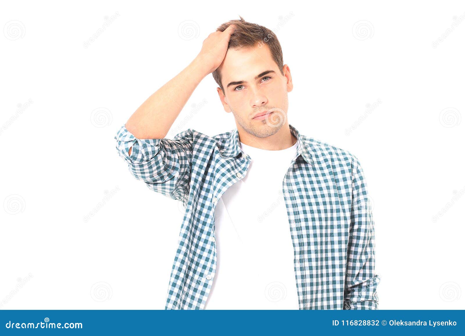 Side View of Young Man with Headache Touching Forehead on White Stock ...