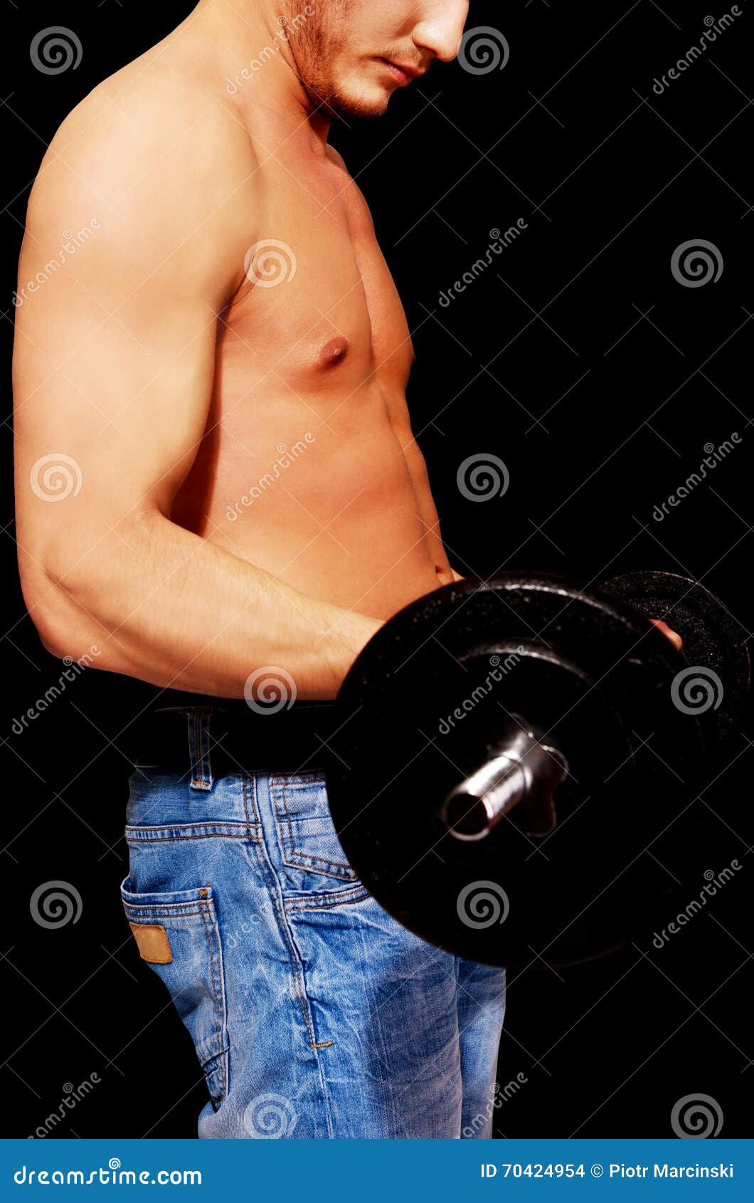 Side View of Young Muscular Man Weightlifting Stock Photo - Image of ...
