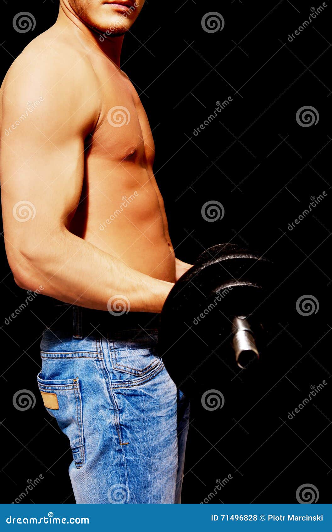 Side View of Young Muscular Man Weightlifting Stock Photo - Image of ...