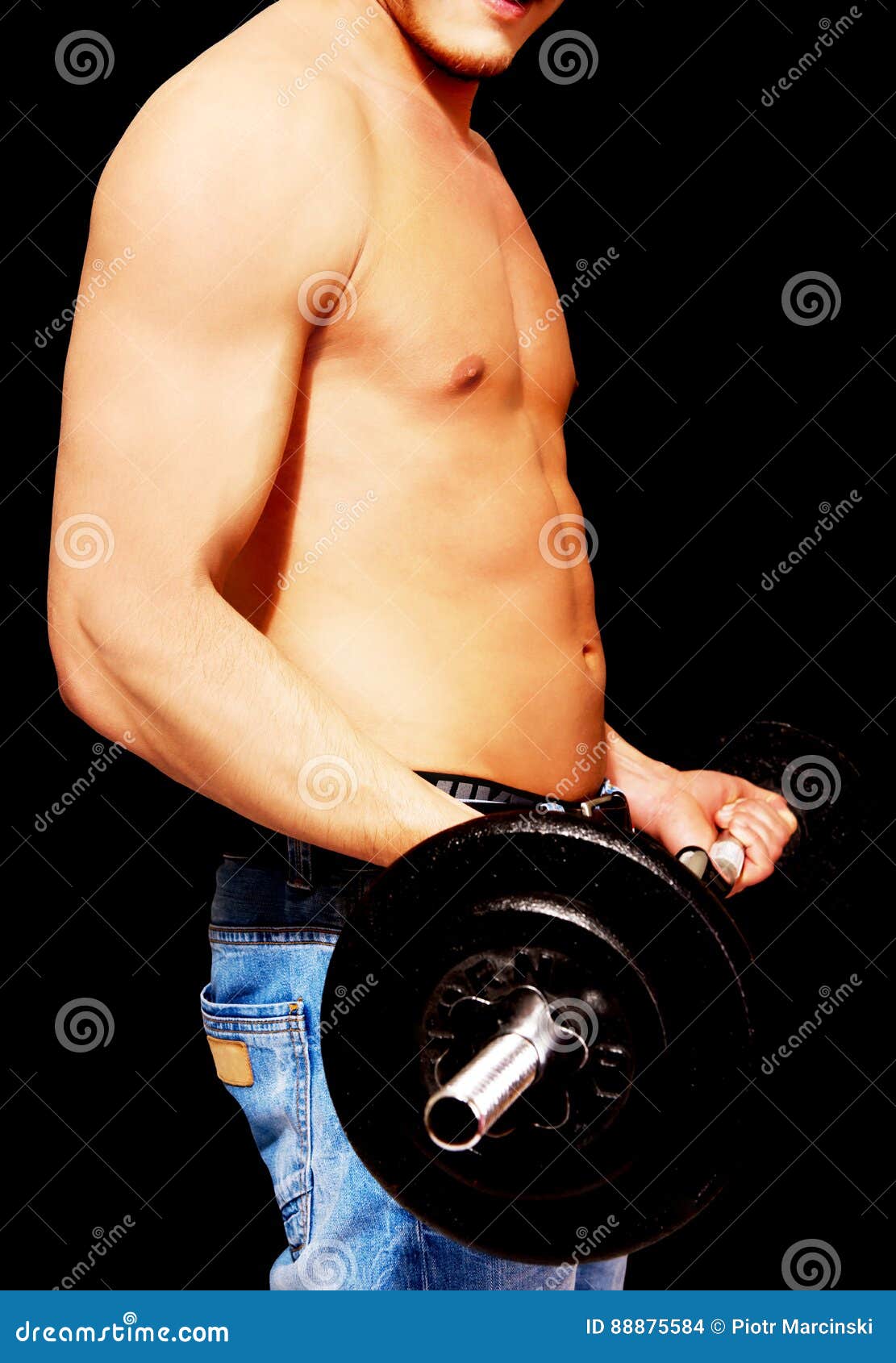 Side View of Young Muscular Man Weightlifting Stock Photo - Image of ...