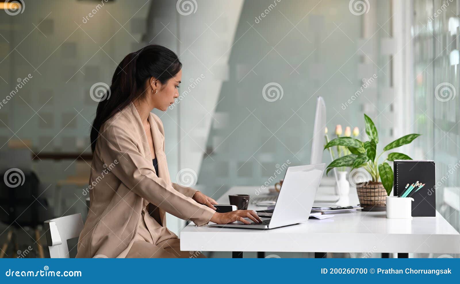 Side View of Young Professional Female Manager Working on Laptop. Stock ...