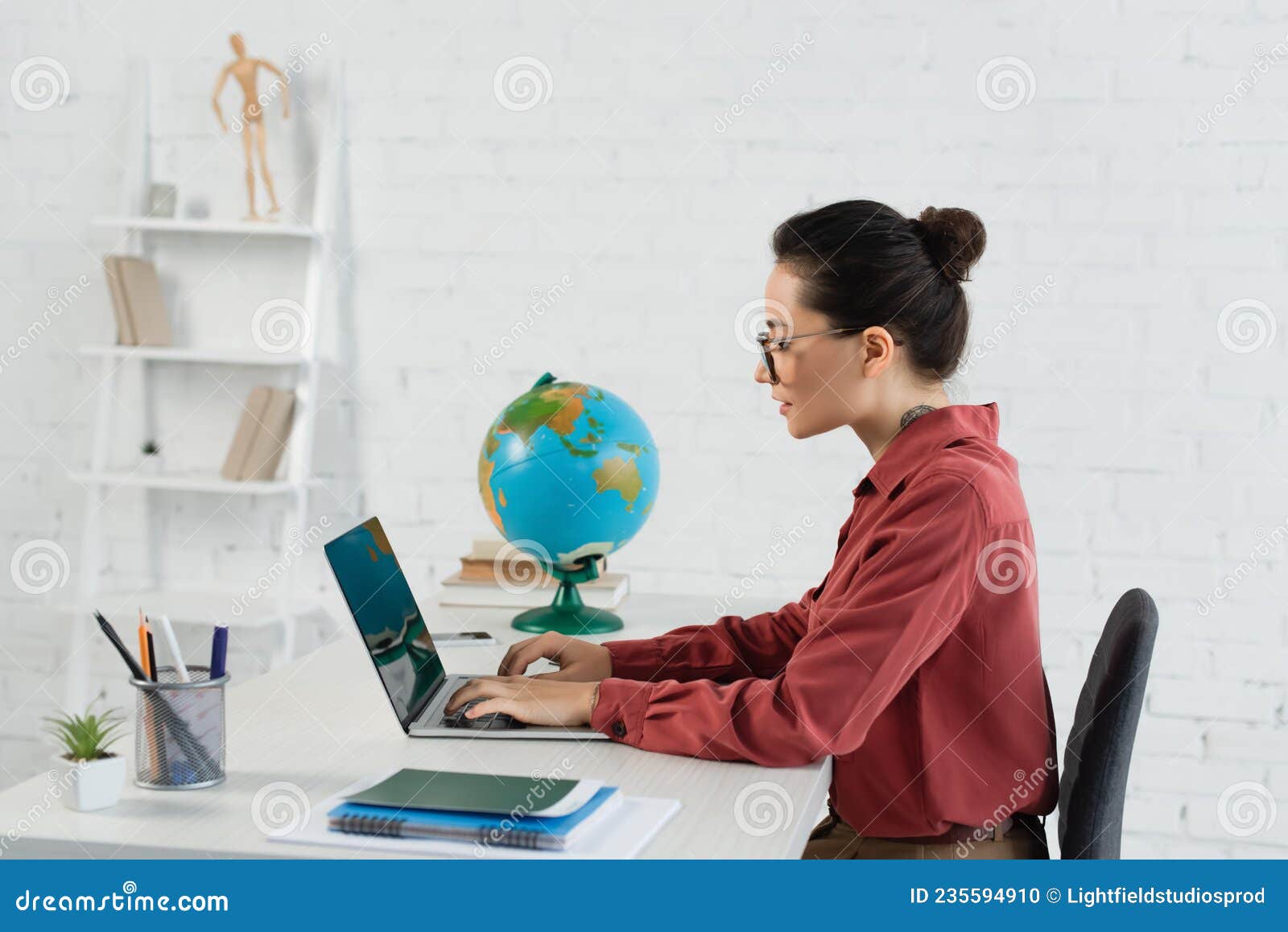 Side View of Young Teacher in Stock Photo - Image of indoors ...