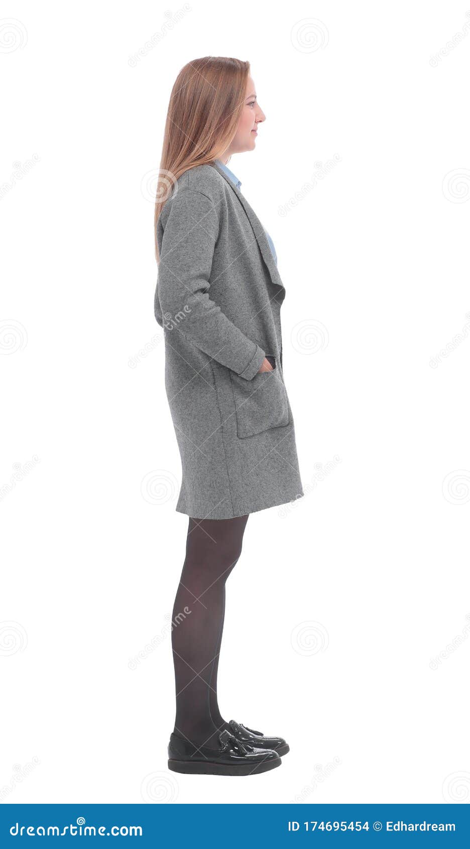 Side View. a Young Woman in a Gray Coat Stock Photo - Image of person ...