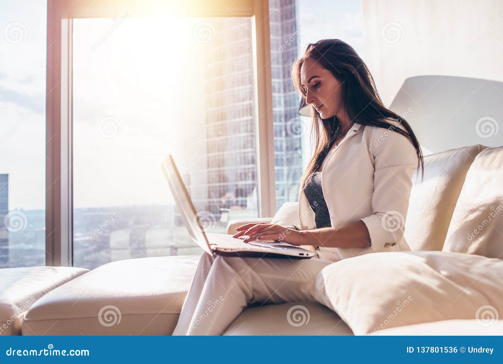 Side View of Young Woman Working on Laptop Stock Photo - Image of ...