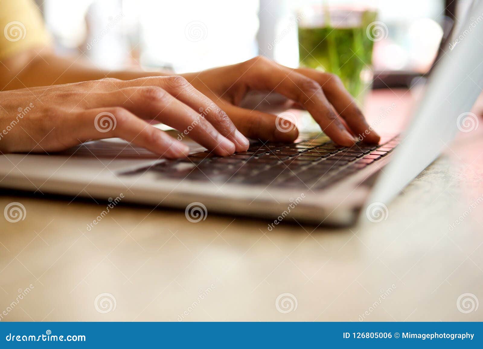Side of Young Female Hands Working on Laptop Computer Stock Photo ...