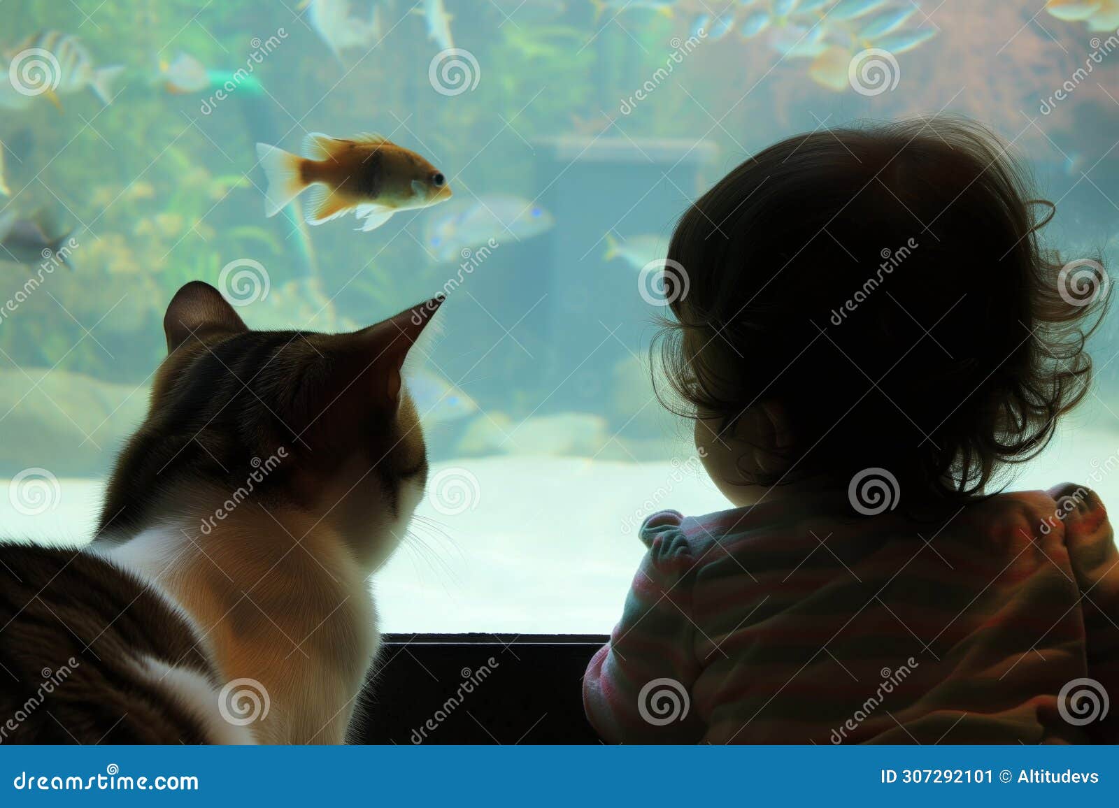 Sidebyside Cat and Child Watching Fish Swim in Tank Stock Image - Image ...