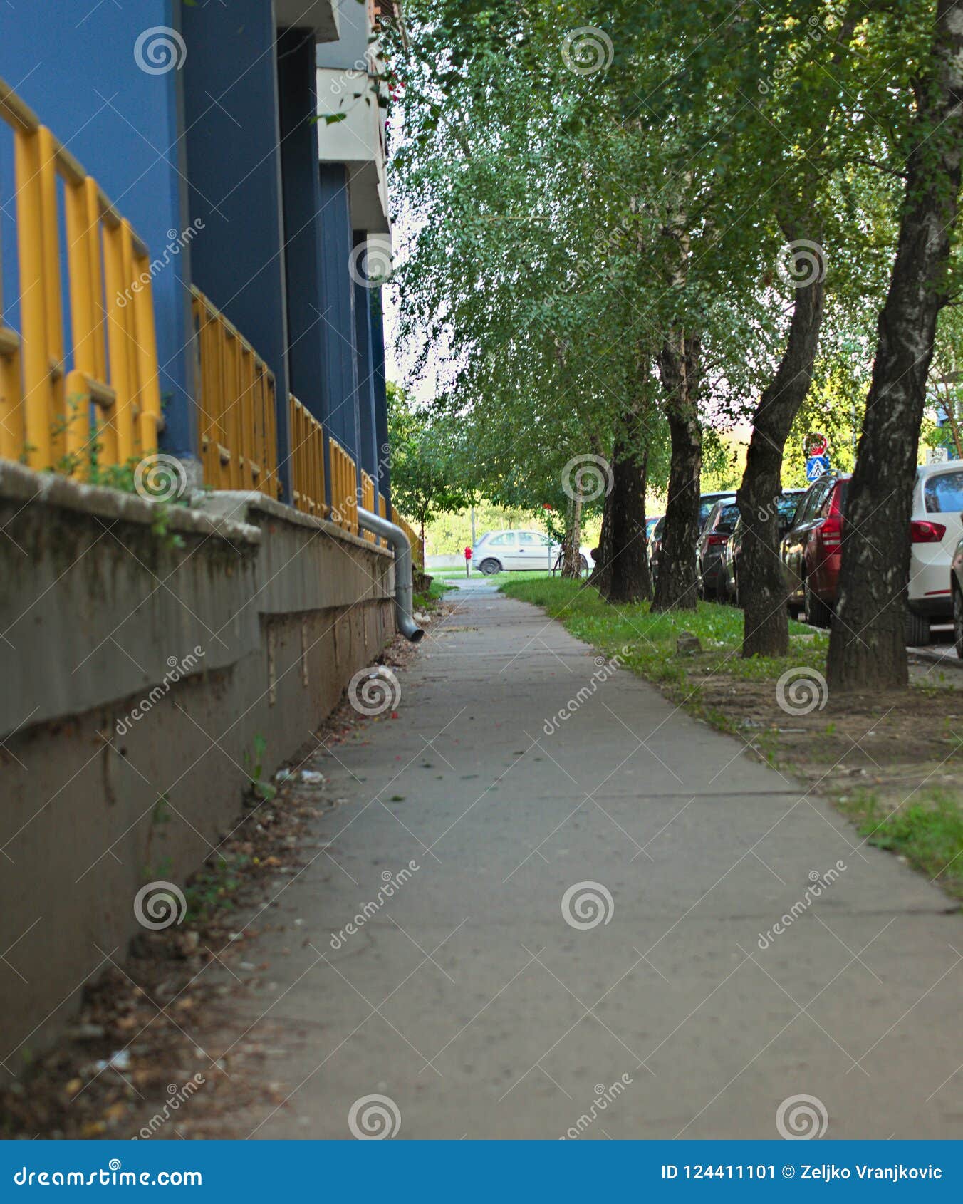 Sidewalk with Buildings on Left, Trees and Parking Space on Right Stock ...