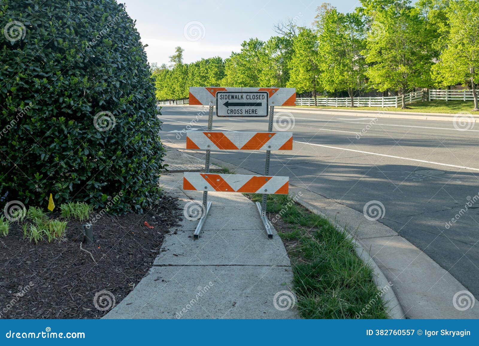 Sidewalk Closed Sign On A Pavement With Railing Stock Photo ...