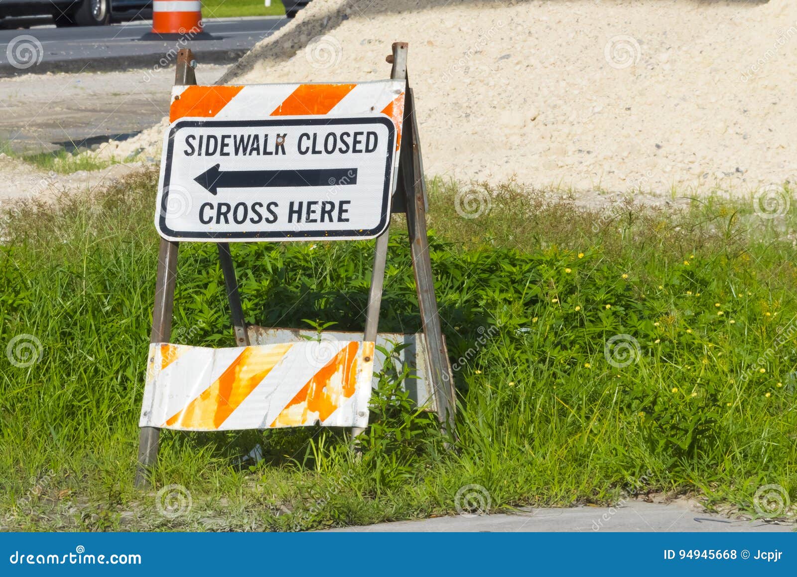 Sidewalk Closed Sign Due To Road Construction Stock Photo - Image of ...