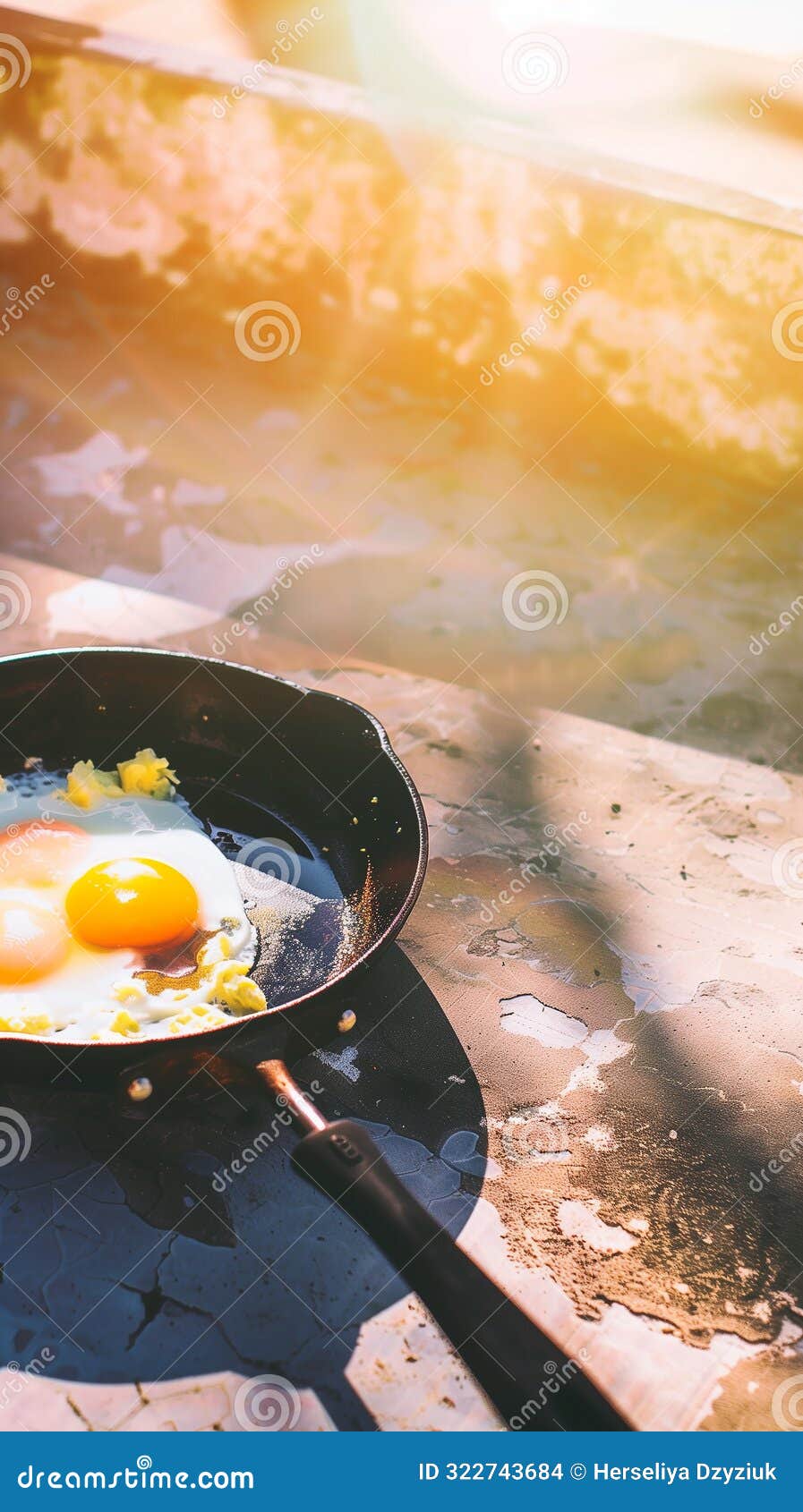 Sidewalk Egg Frying Day: Pan with Three Fried Eggs, Banner Copy Space ...