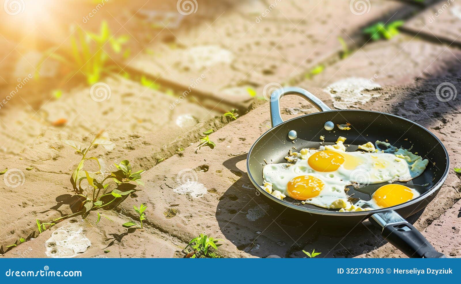 Sidewalk Egg Frying Day: Pan with Three Fried Eggs, Banner Copy Space ...