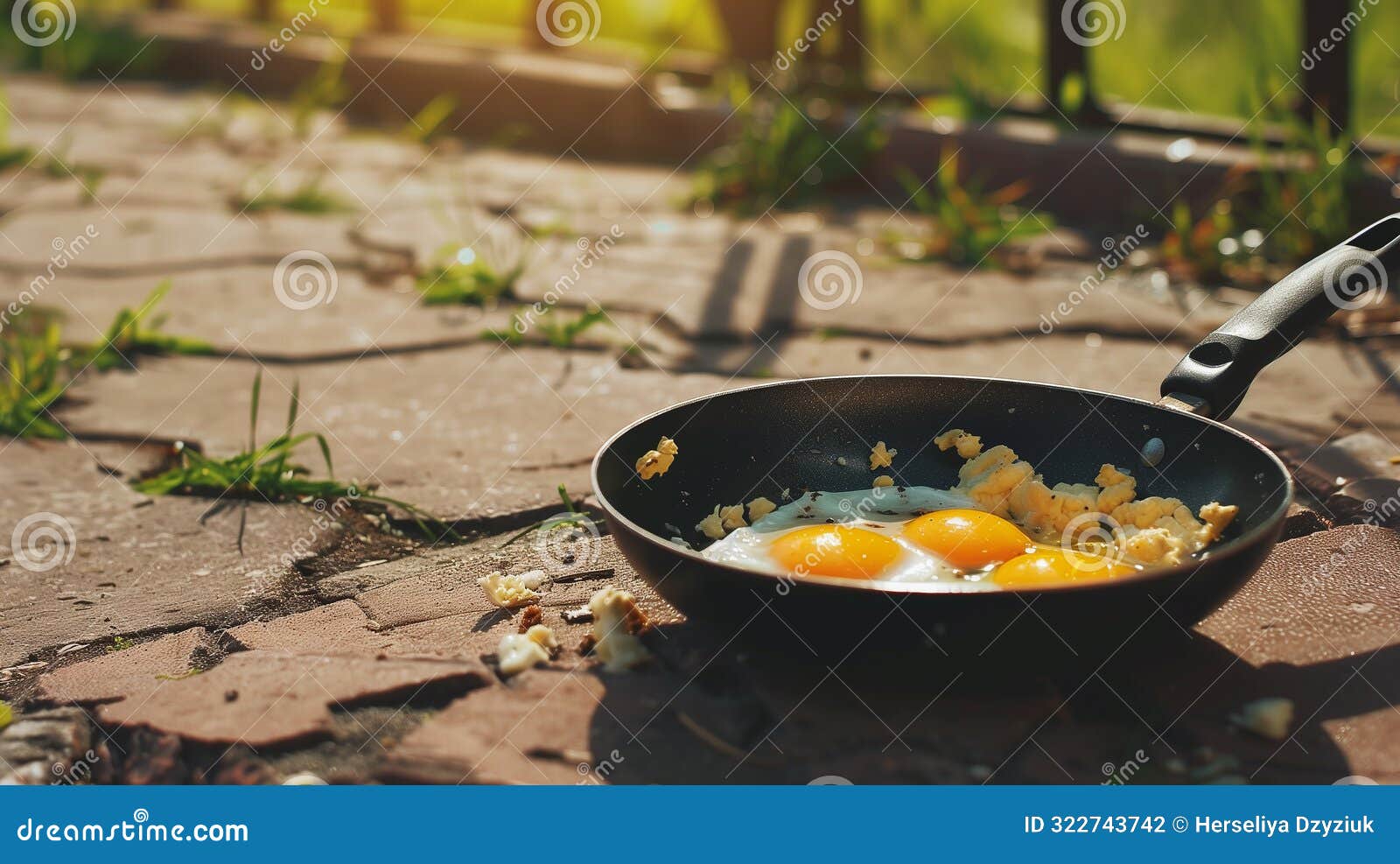 Sidewalk Egg Frying Day: Pan with Three Fried Eggs, Banner Copy Space ...