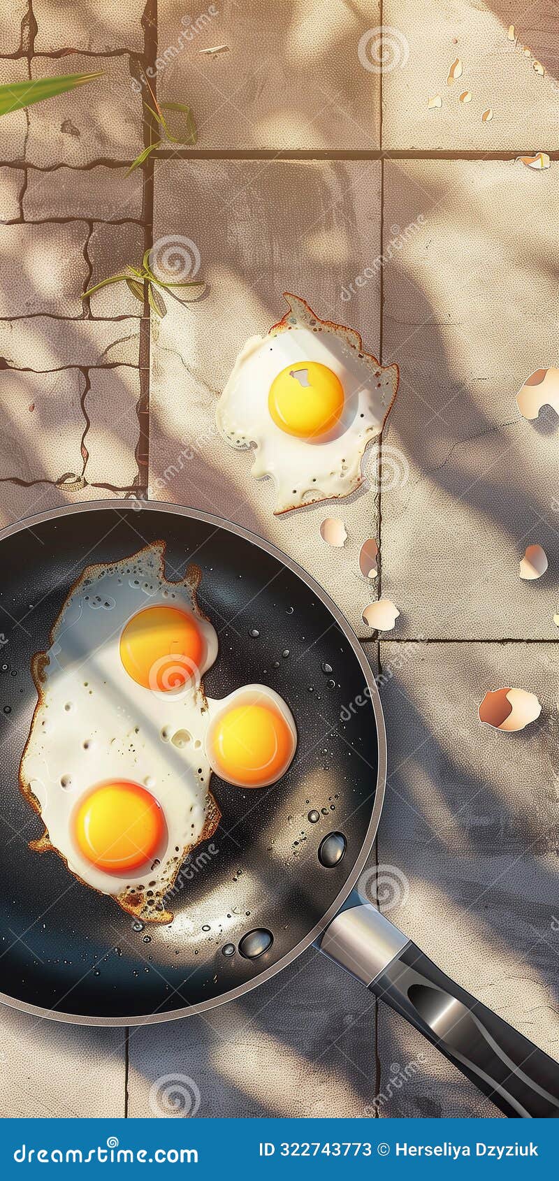 Sidewalk Egg Frying Day: Pan with Three Fried Eggs, Banner Copy Space ...