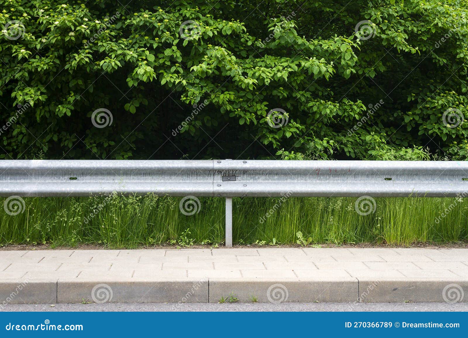 Sidewalk, Highway Guard Rail, Green Grass and Bushes Stock Image ...