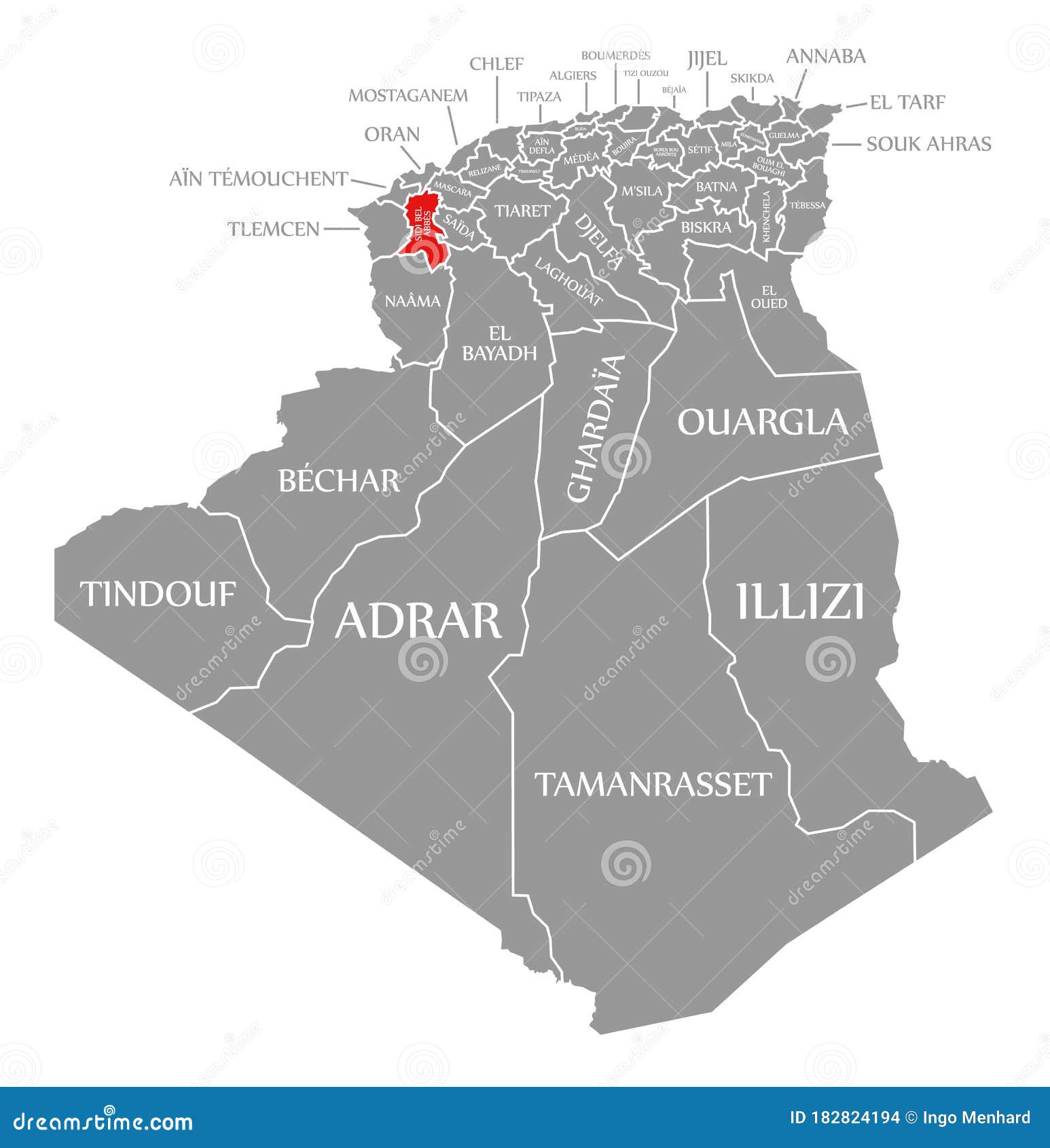 Sidi Bel Abbes Red Highlighted in Map of Algeria Stock Illustration ...
