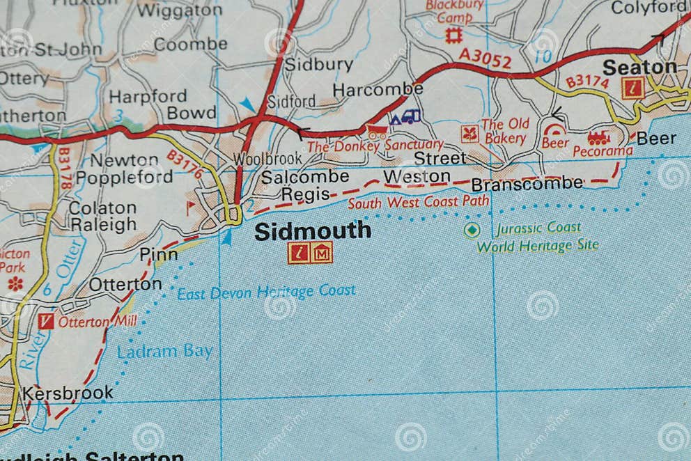 Sidmouth in Devon in Colour in an Atlas Map Stock Image - Image of ...
