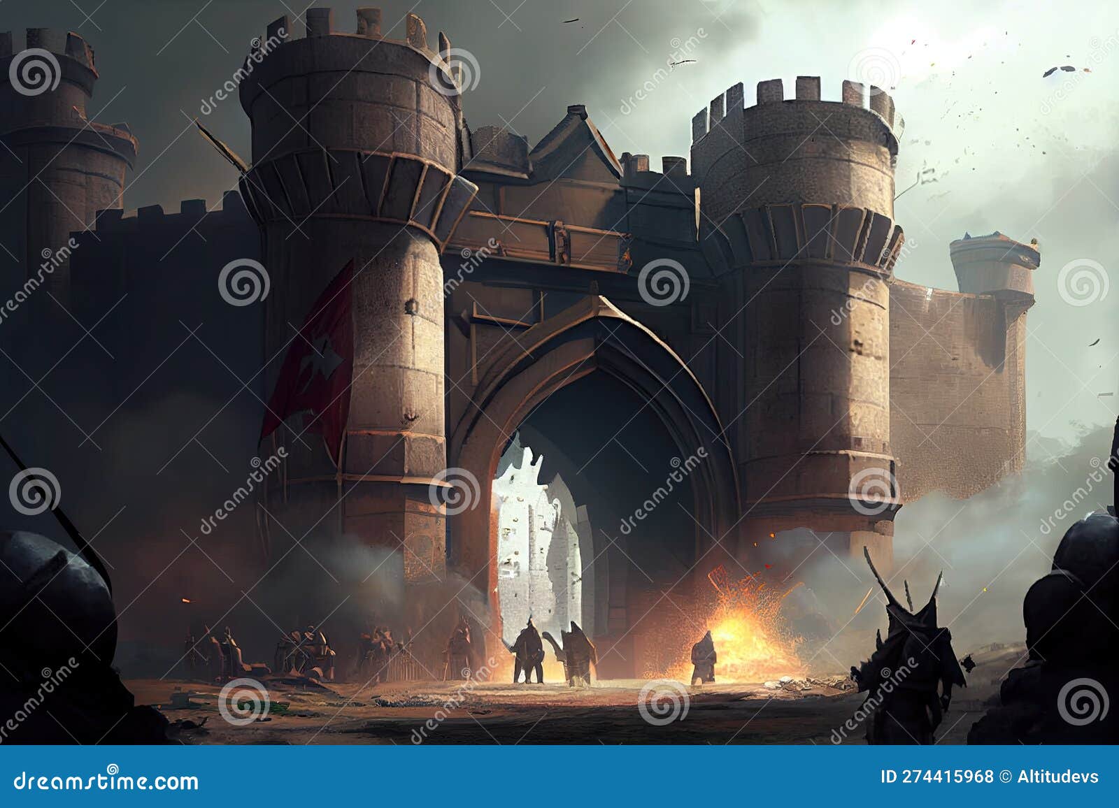 A Siege, with Attackers Using Battering Rams To Break Down Fortress ...