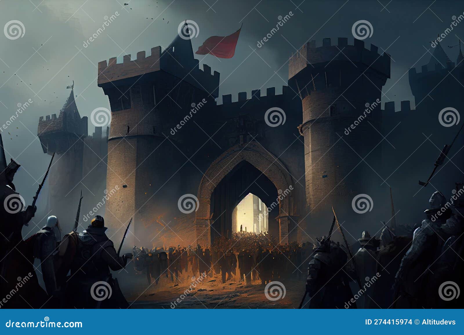 A Siege, With Attackers Using Battering Rams To Break Down Fortress ...