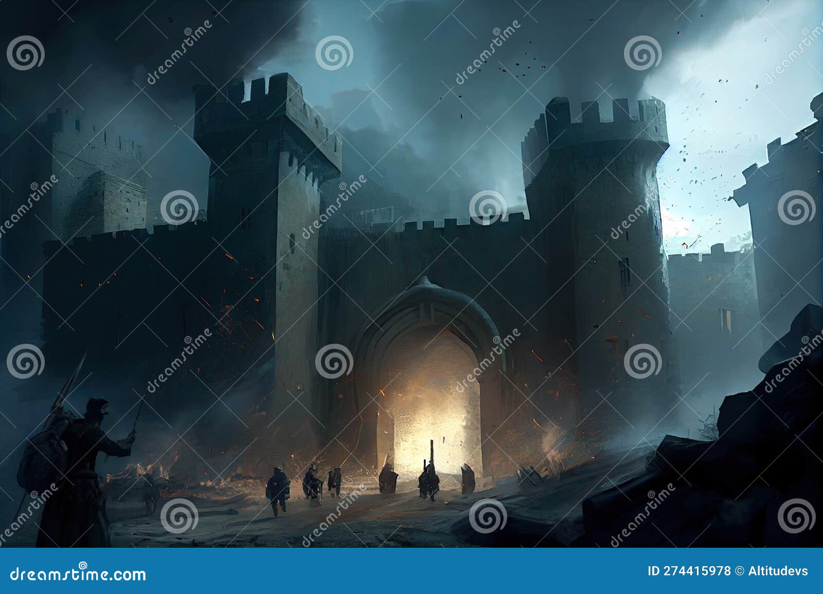 A Siege, With Attackers Using Battering Rams To Break Down Fortress ...