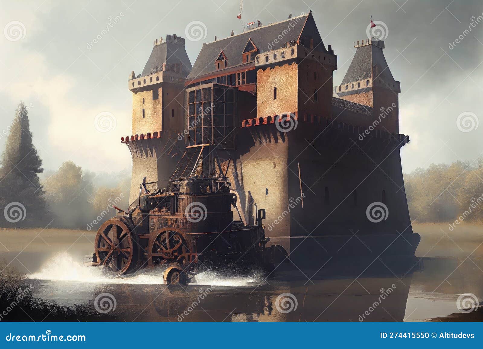 Siege Engine Approaches The Moat Of A Castle, Ready To Fire Its Payload ...