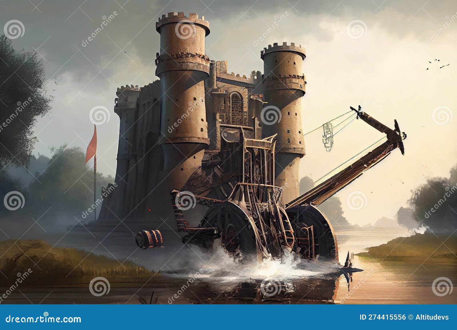 Siege Engine Approaches the Moat of a Castle, Ready To Fire Its Payload ...
