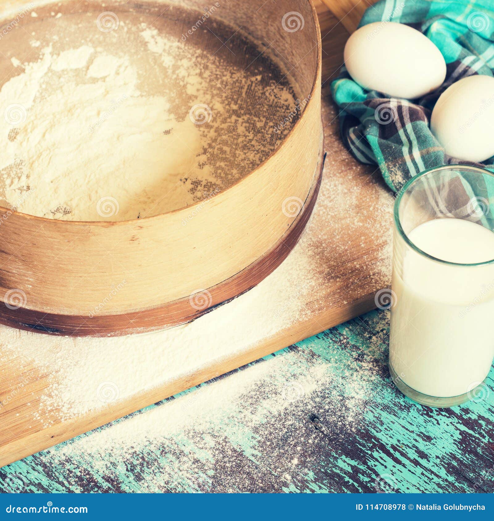 Sieve and Products for Baking on Blue Surface Stock Photo - Image of ...