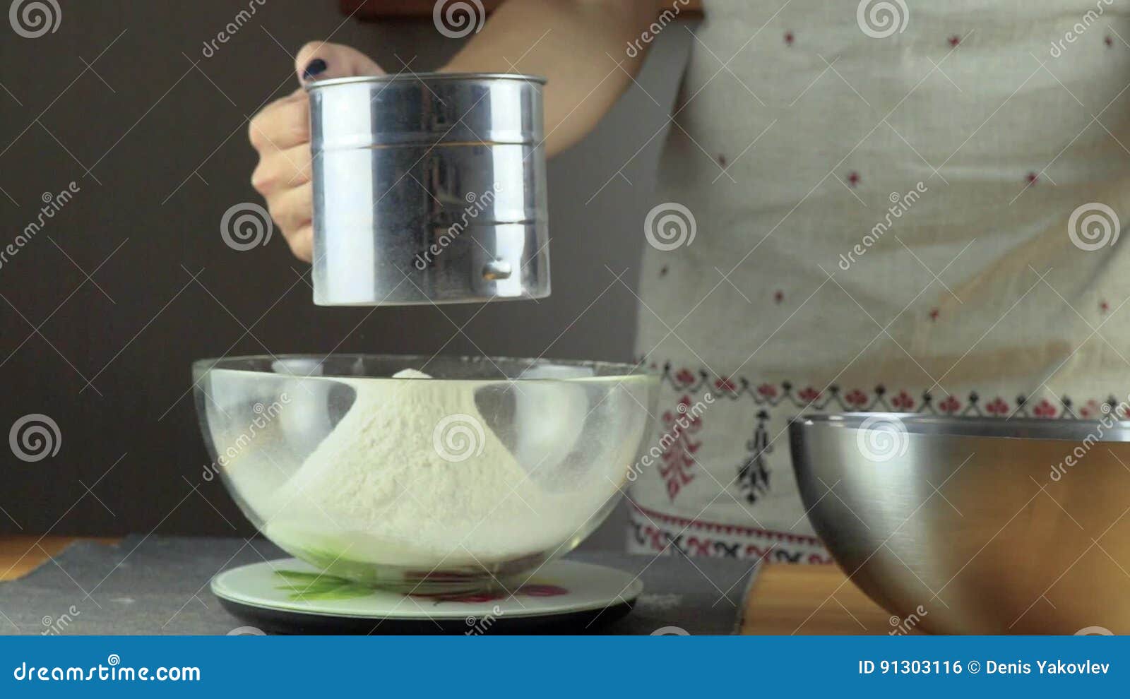 Sift the Flour into Mixing Bowl. Making Puff Pastry Series. Stock ...